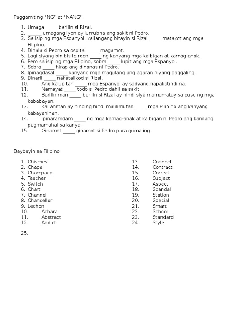 NG at Nang/ Pagbabaybay Worksheet | PDF