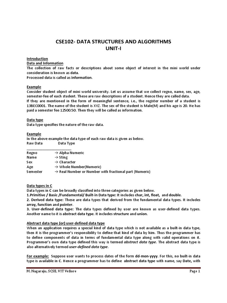 Cse102-Data Structures and Algorithms Unit-I: M. Nagaraju, SCSE, VIT Vellore | PDF | Pointer ...