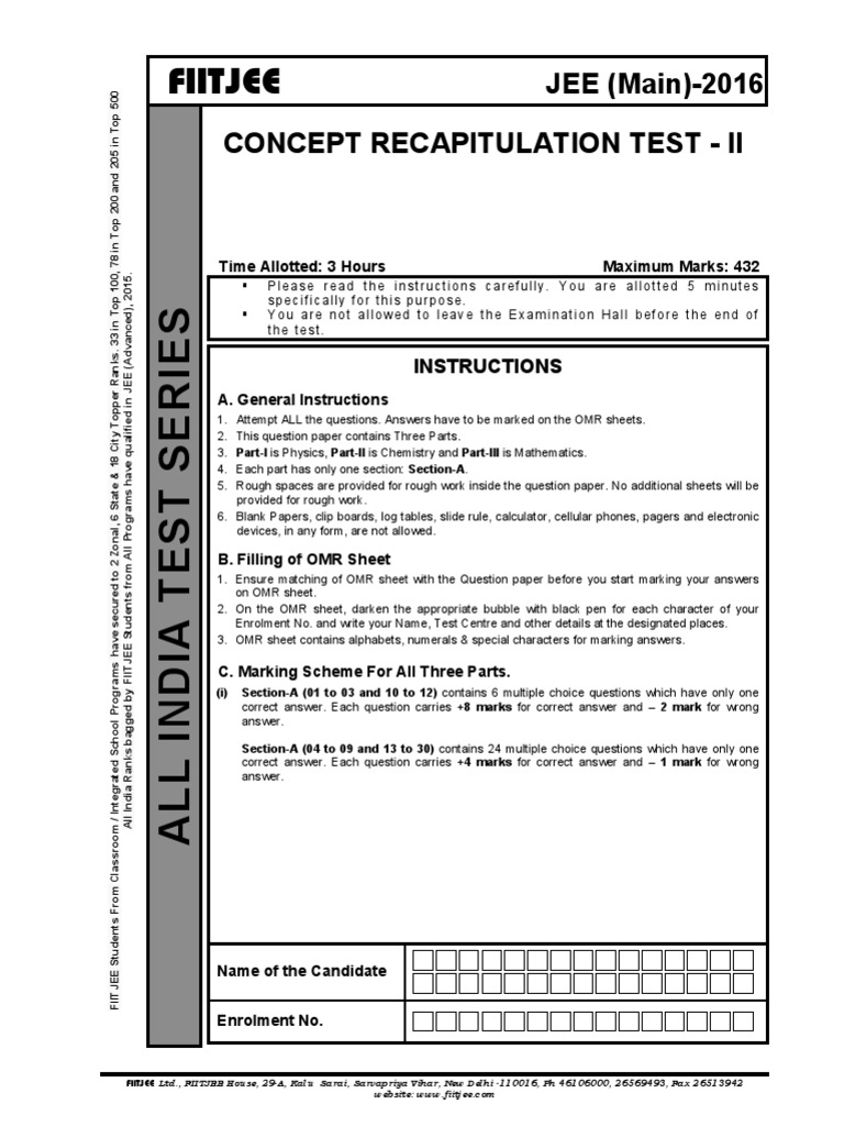 Fiitjee: JEE (Main) - 2016 | PDF | Inductor | Logarithm