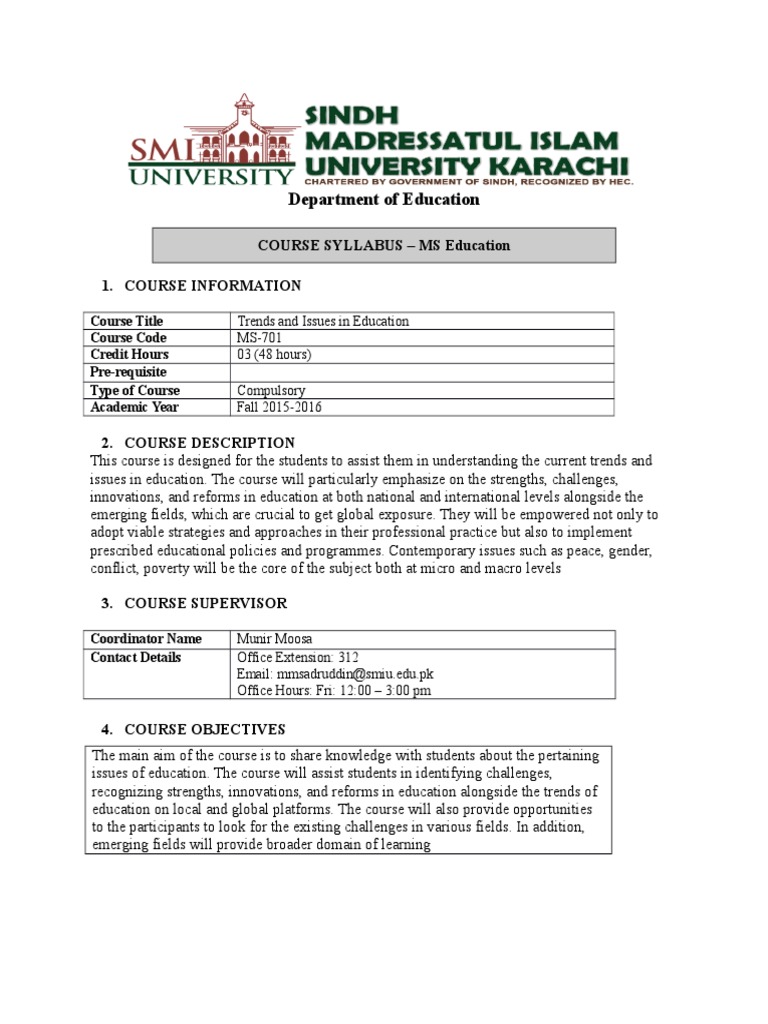 Department of Education: Course Syllabus - Ms Education 1. Course ...