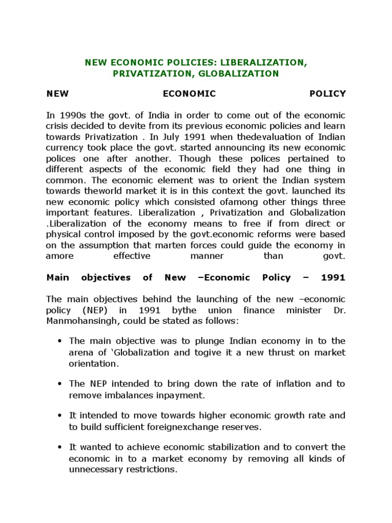 New Economic Policies: Liberalization, Privatization, Globalization ...