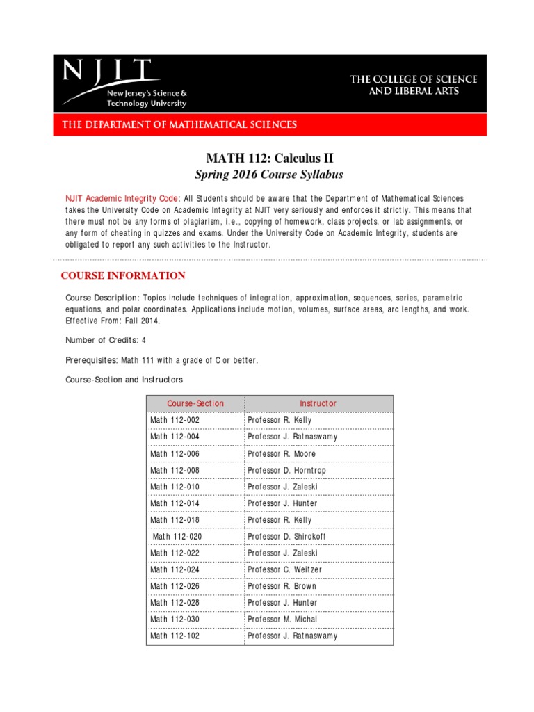 Spring 2016 Course Syllabus: MATH 112: Calculus II | PDF | Homework | Series (Mathematics)