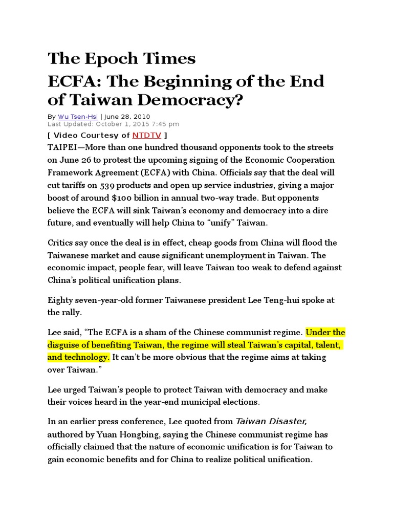 Taiwan's ECFA: Threat to Democracy? | PDF | Taiwan | China