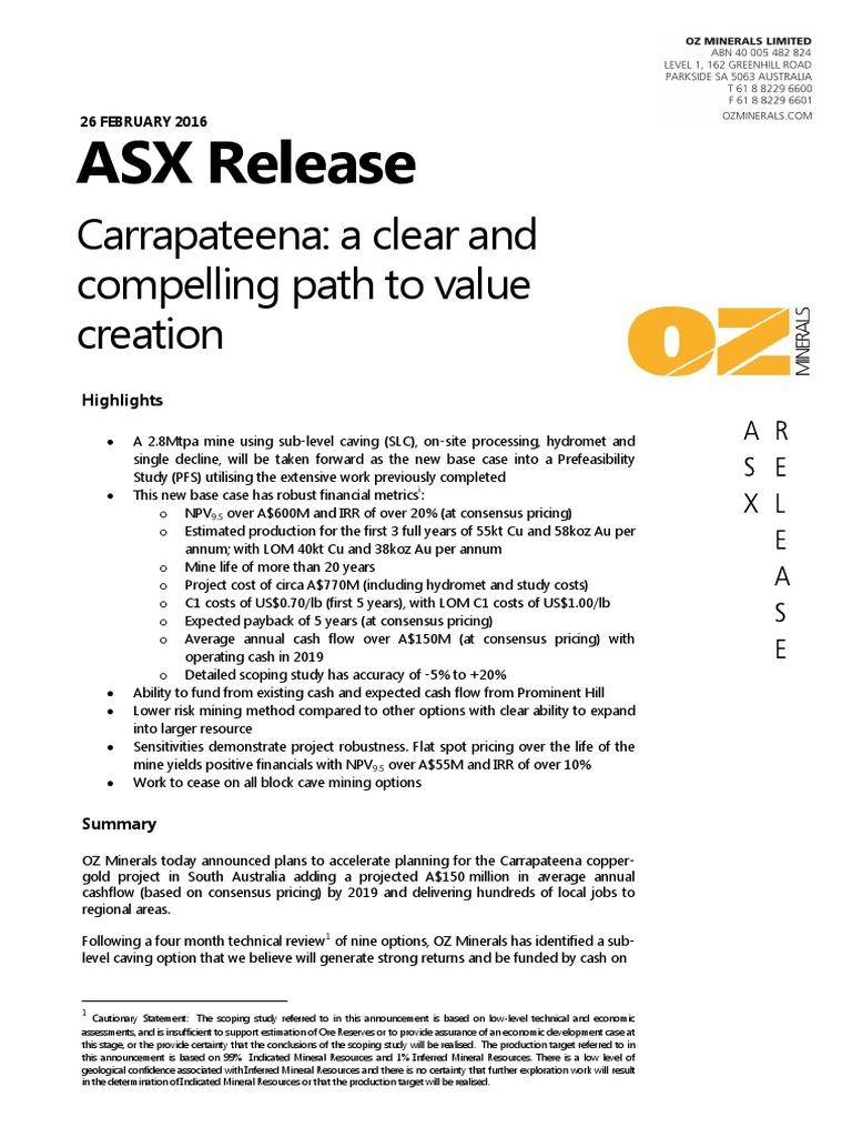 ASX Carrapateena Release and Presentation | PDF | Share Repurchase | Mining