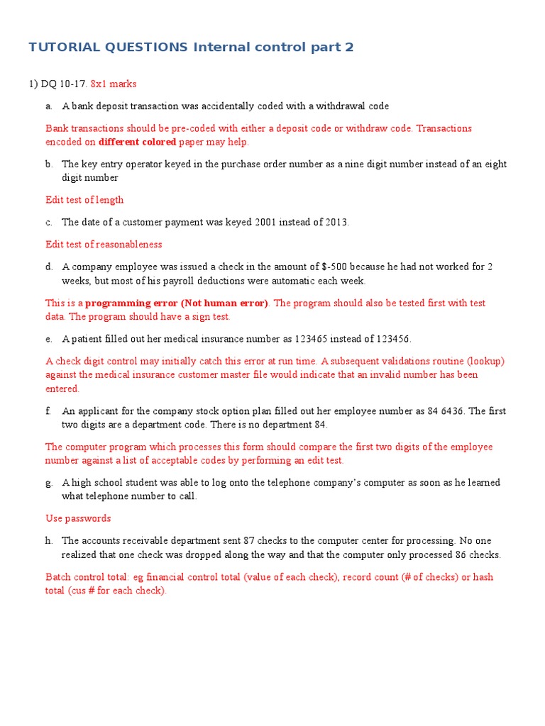 TUTORIAL QUESTIONS Internal Control Part 2 | PDF | Cheque | Business Process