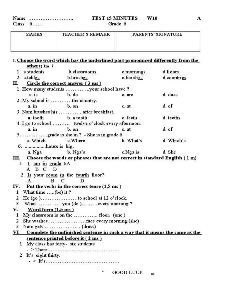 Grade 6 English Test: 15-Minute Assessment | PDF