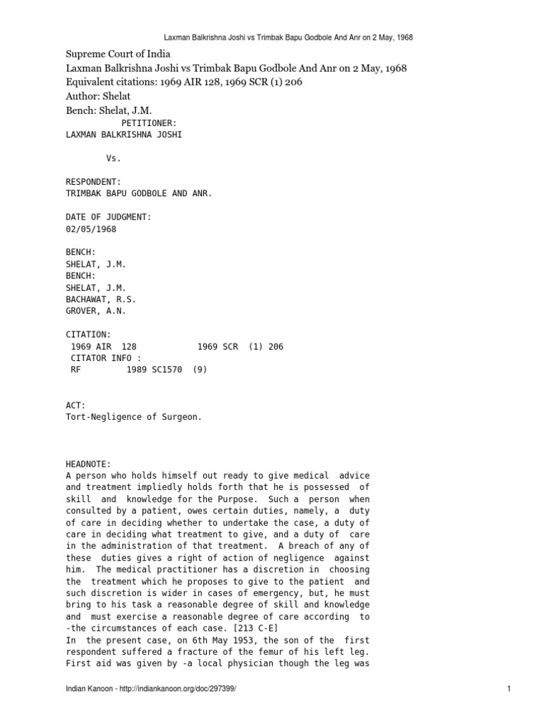 Laxman Balkrishna Joshi Vs Trimbak Bapu Godbole and Anr On 2 May, 1968 | PDF | Medicine ...