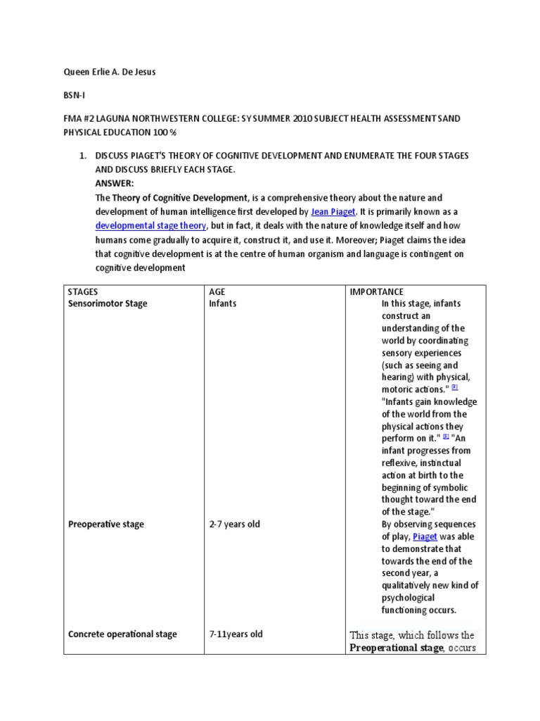 Answer:: Jean Piaget Developmental Stage Theory | PDF | Cognitive ...