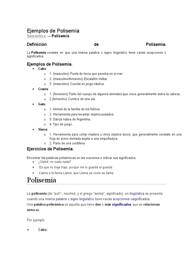 Ejemplos de Polisemia | Palabra | Lengua española | Prueba gratuita de ...