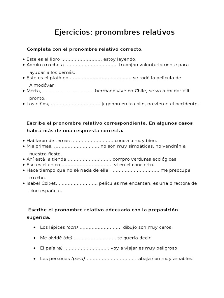 Ejercicios Pronombres Relativos ELE | PDF