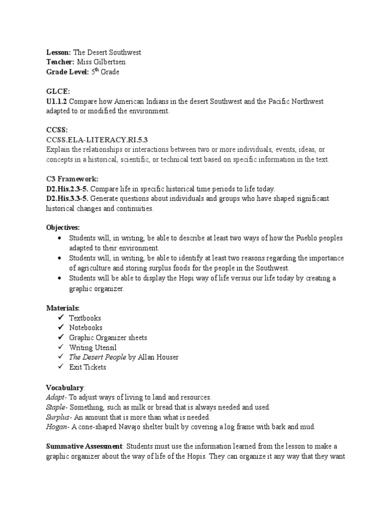 The Desert Southwest Lesson Plan | PDF | Hopi | Vocabulary
