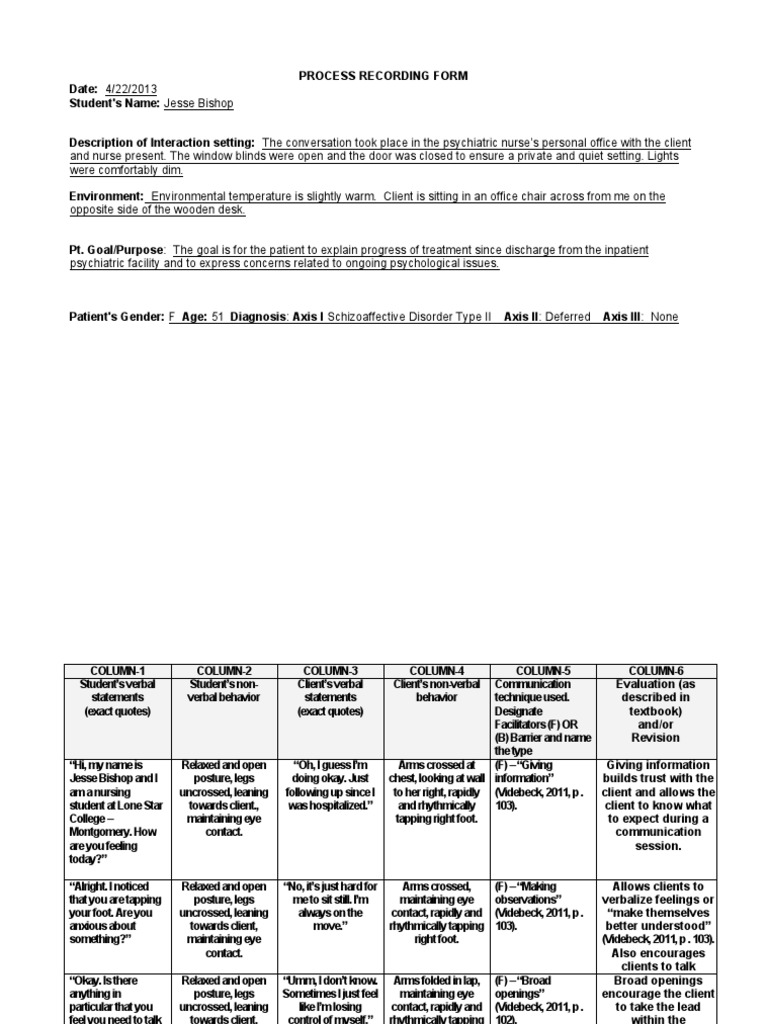 Jesse Bishop Process Recording Form | PDF | Nonverbal Communication ...
