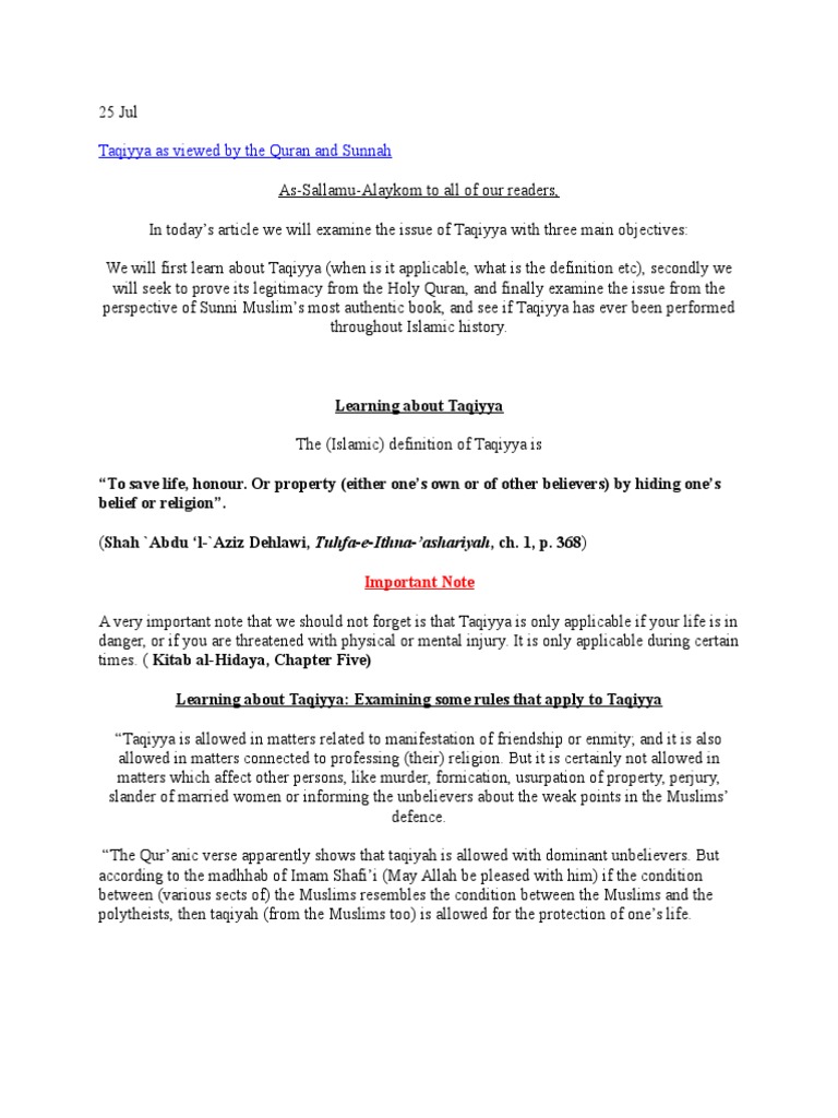 Taqiyya As Viewed by The Quran and Sunnah | PDF | Sunni Islam | Quran