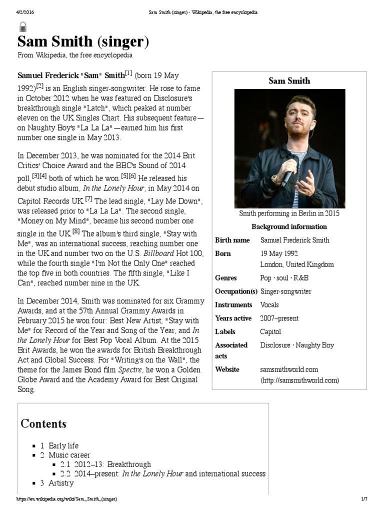 Sam Smith (Singer) - Wikipedia, The Free Encyclopedia | PDF | Music ...