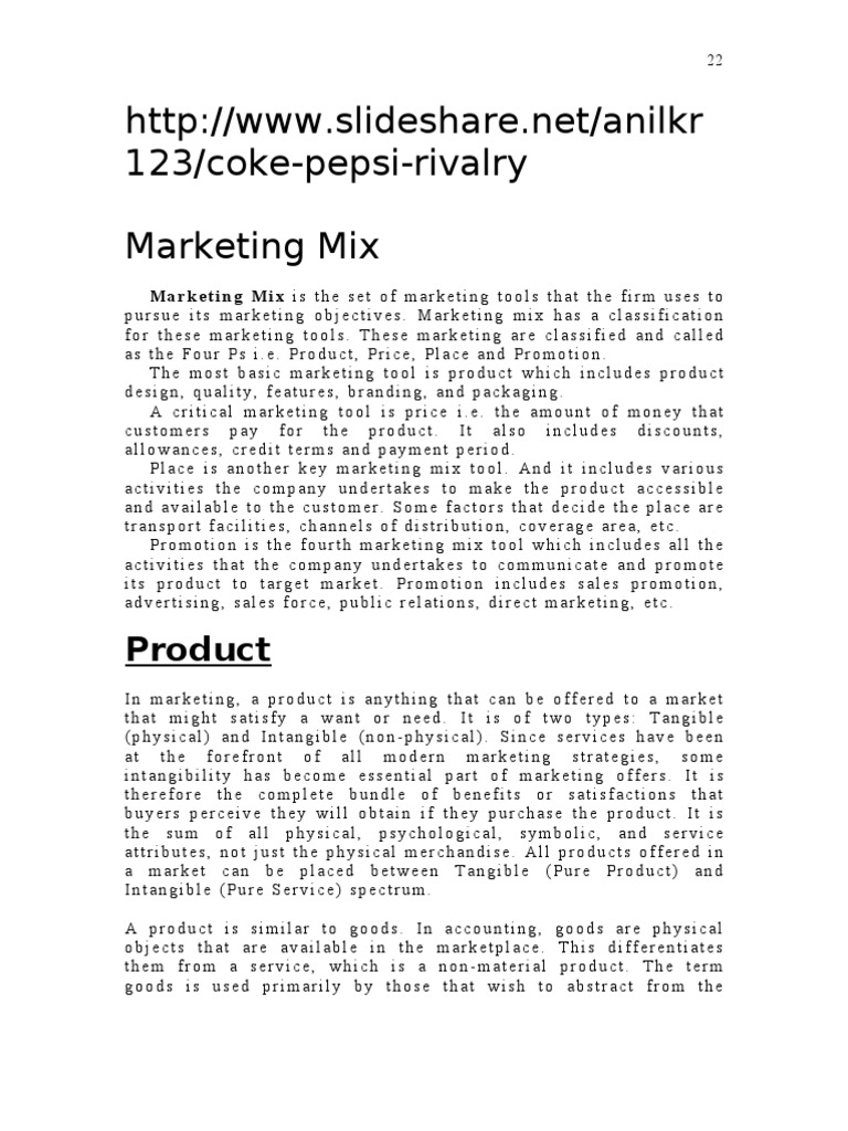 123/coke-Pepsi-Rivalry Marketing Mix: Product | PDF | Pepsi Co | Coca Cola