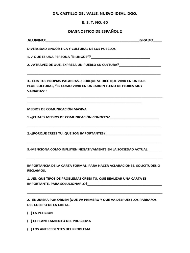 Examen de diagnostico de español segundo grado Examen de diagnostico de español segundo grado