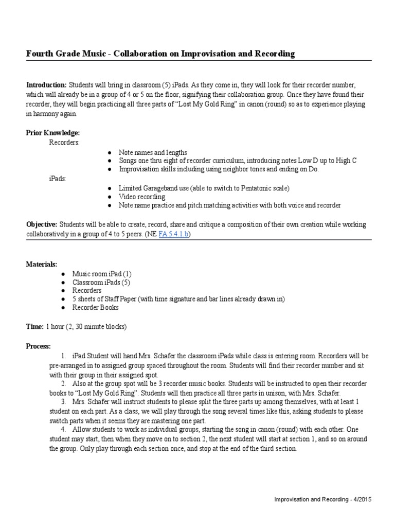 Fourth Grade Music - Collaboration On Improvisation and Recording | PDF ...