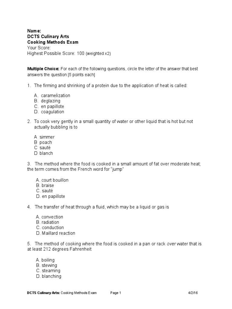 Cooking Methods Unit Exam | PDF | Grilling | Cooking