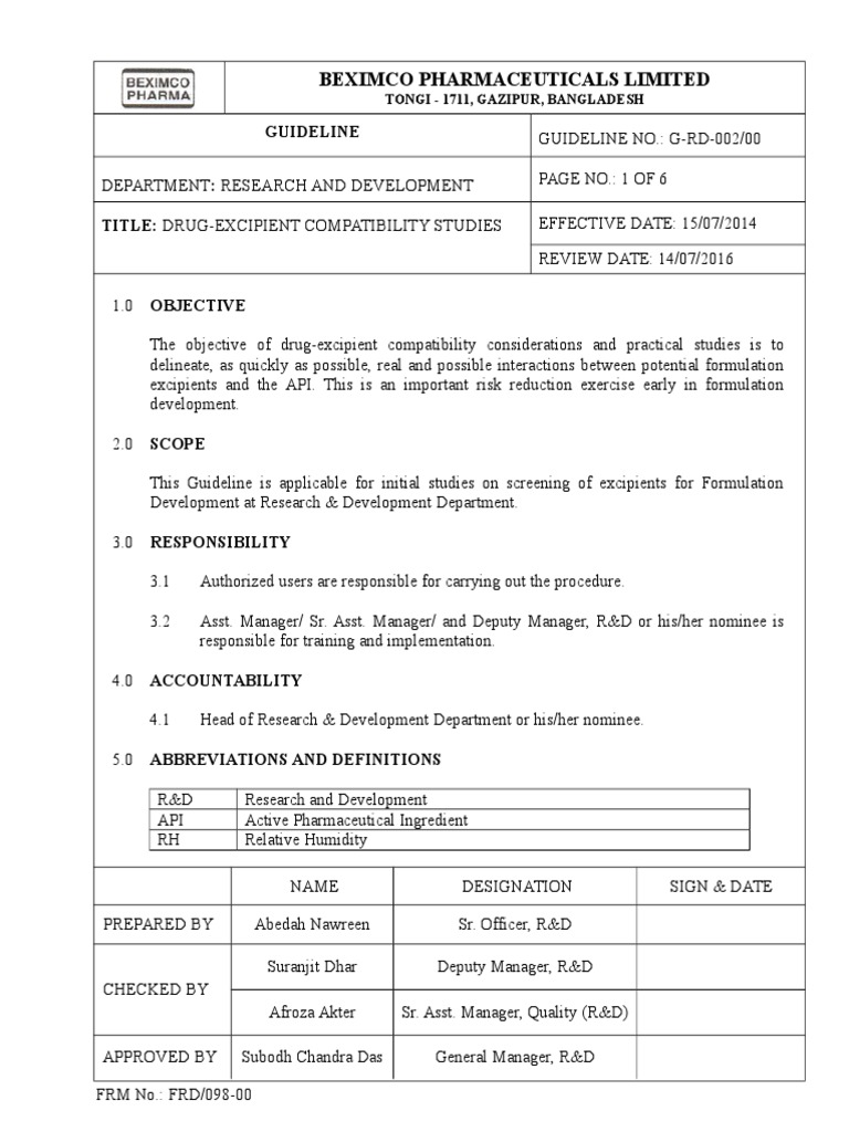 Guideline - Drug-Excipient Compatibility Studies | PDF | Chemistry ...