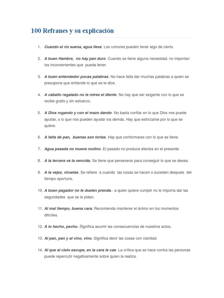 100 Refranes y Su Explicación