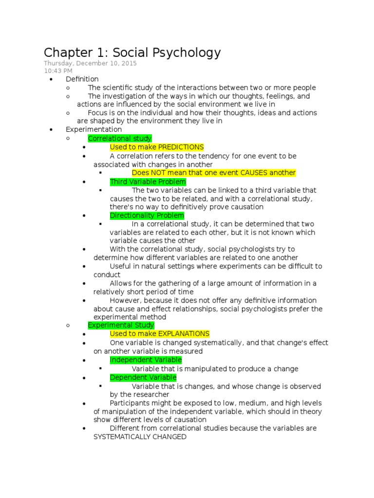 Chapter 1: Social Psychology: Thursday, December 10, 2015 10:43 PM ...