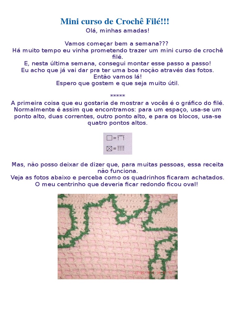 Mini Curso de Crochê Filé Passo a Passo | PDF | Lazer | Natureza