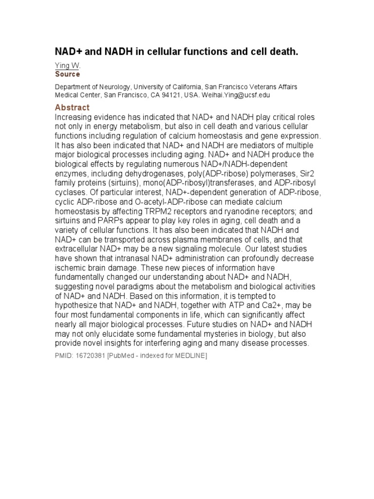 NADH Functions in Cell Regulation | PDF | Nicotinamide Adenine ...