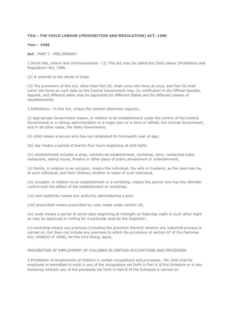 Title: The Child Labour (Prohibition and Regulation) Act, 1986 Year ...