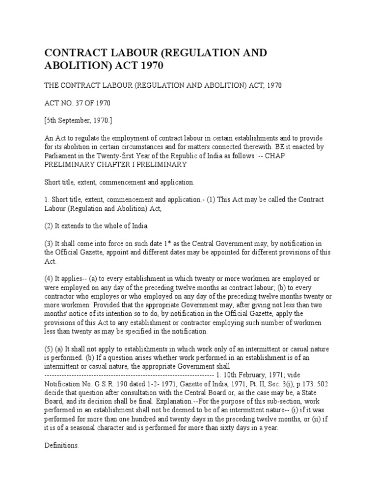 Contract Labour (Regulation and Abolition) Act 1970 | PDF | License | Employment