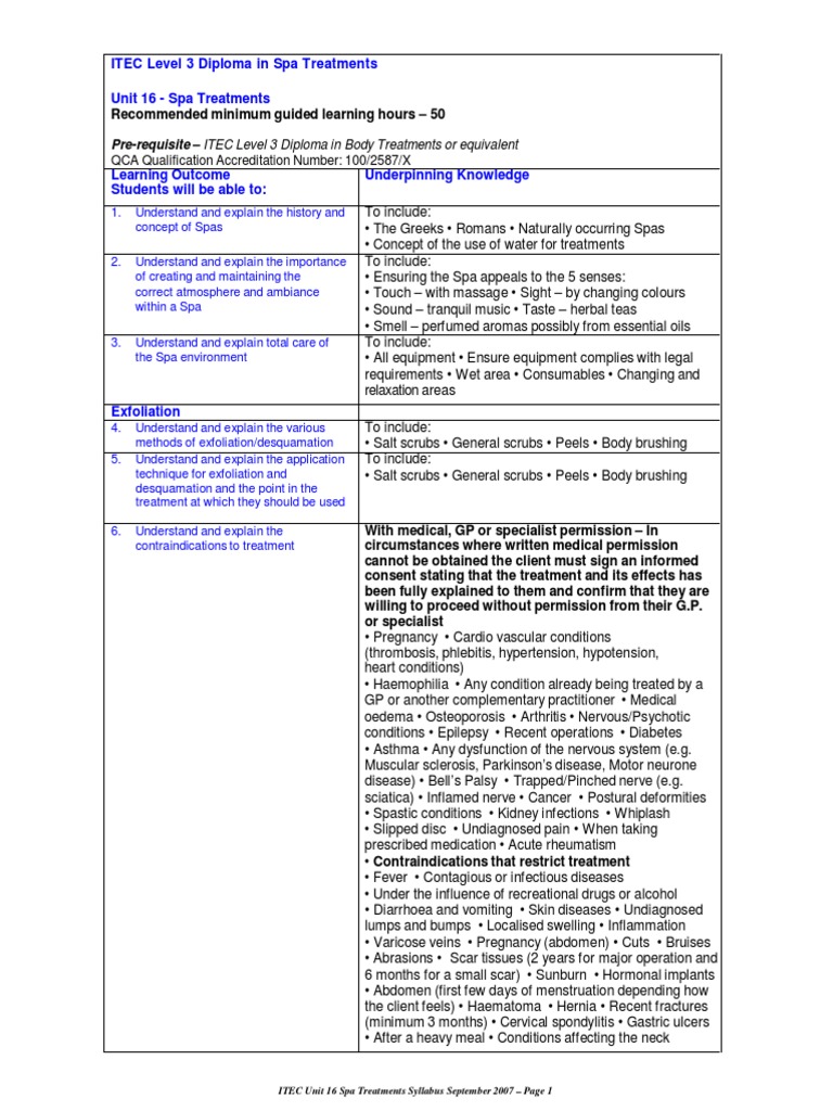 ITEC Spa Treatments Syllabus Overview | PDF | Massage | Spa