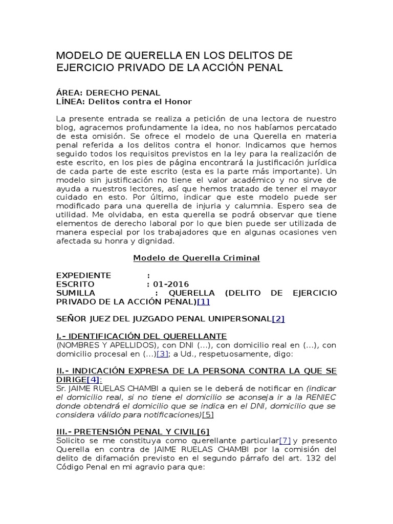 Modelo de Querella en Los Delitos de Ejercicio Privado de La Acción Penal | Descargar gratis PDF ...