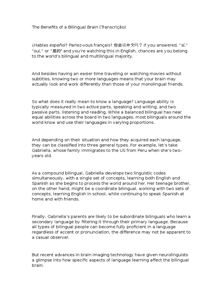 The Benefits of A Bilingual Brain | PDF | Multilingualism ...