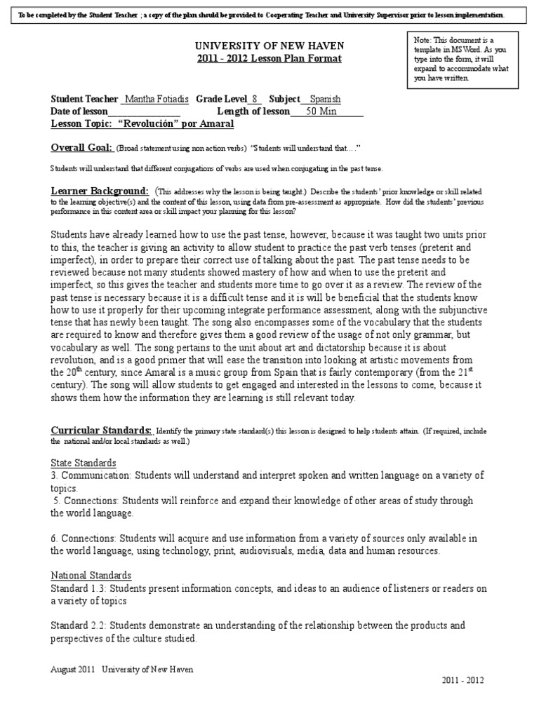 Lesson Plan: Spanish Level 1, High School or Middle School | PDF ...