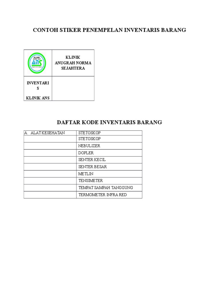 Contoh Stiker Penempelan Inventaris Barang | PDF