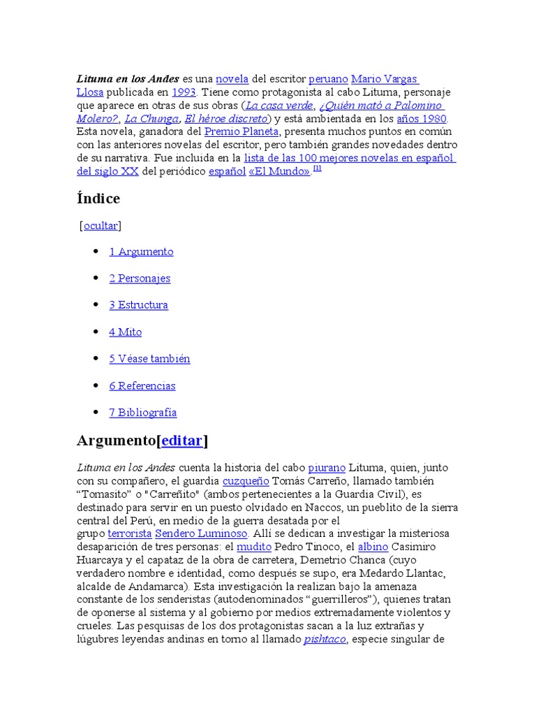 Lituma en los Andes: Sinopsis y Personajes | PDF