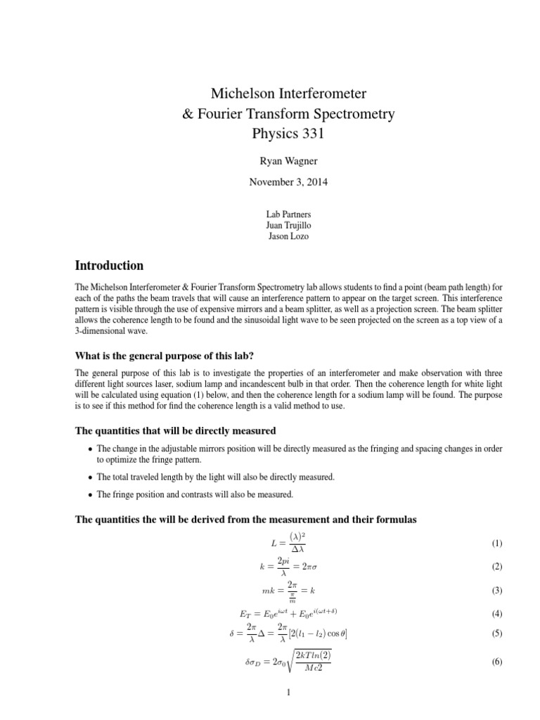 Michelson Interferometer and Fourier Transform Spectrometry Lab | PDF ...