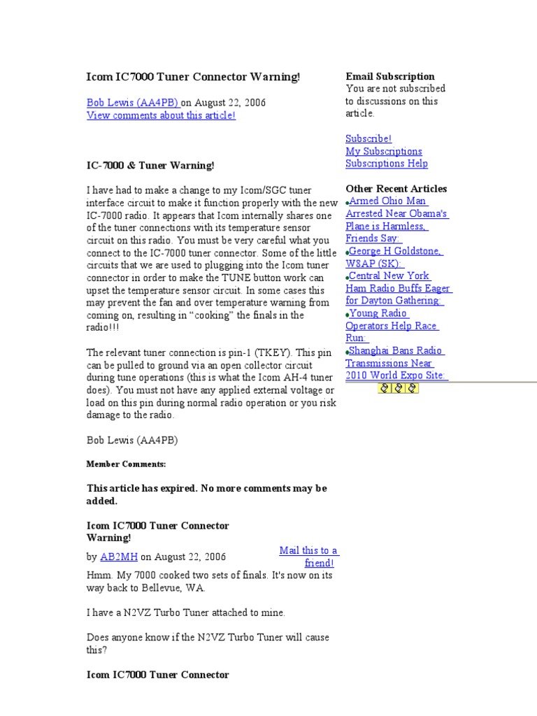 Icom IC7000 Tuner Connector Warning | PDF | Electronic Circuits | Amplifier