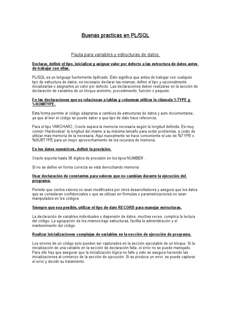 Buenas Practicas PL-SQL | PDF | Pl / Sql | SQL Buenas Practicas PL-SQL | PDF | Pl / Sql | SQL