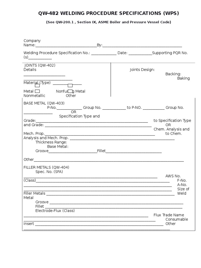 WPS & PQR FORMATE AS PER BPVC Sec-IX QW-482 | Welding | Mechanical ...