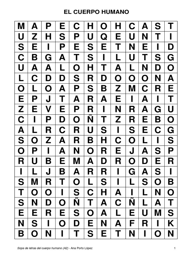 Sopa de letras: partes del cuerpo humano | PDF