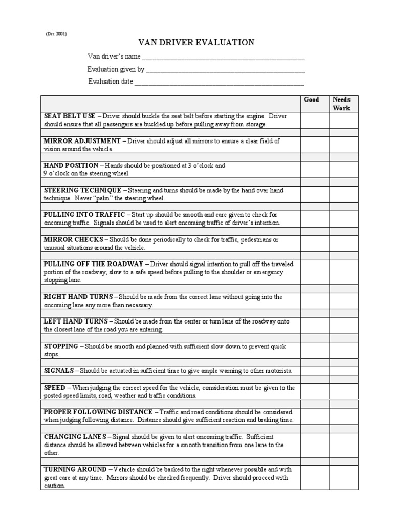 Driver Evaluation Form | PDF