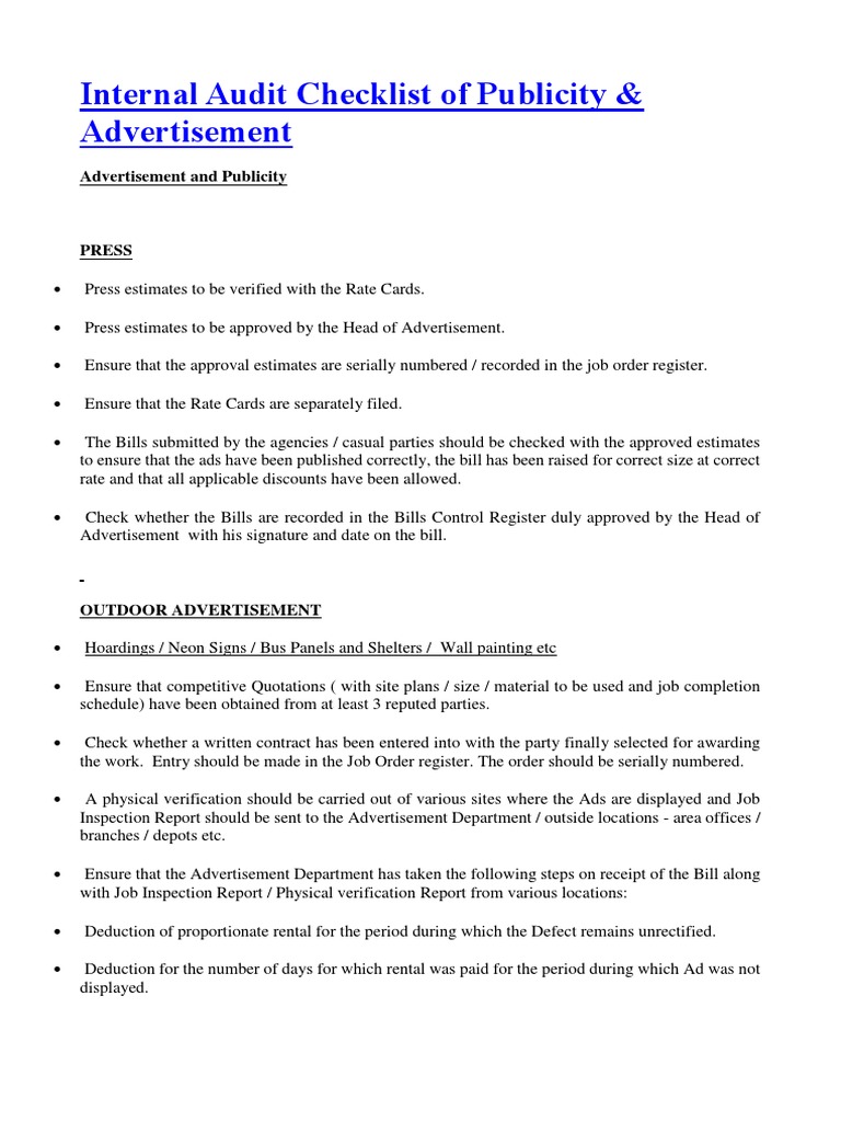 PR Audit Checklist | PDF | Advertising | Payments