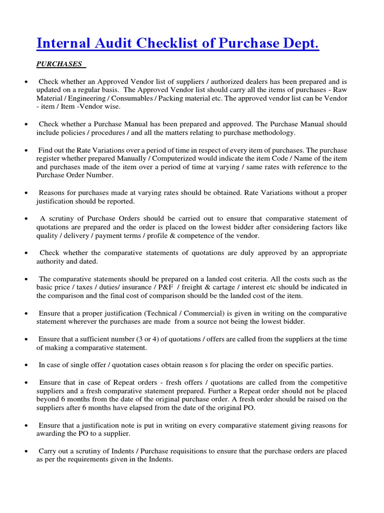Purchase Audit Checklist | PDF | Audit | Business Economics