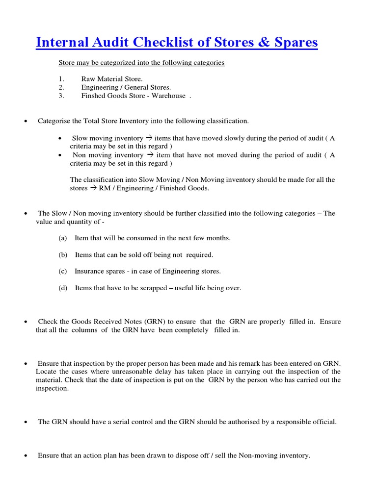 Stores and Spares Audit Checklist | Inventory | Warehouse