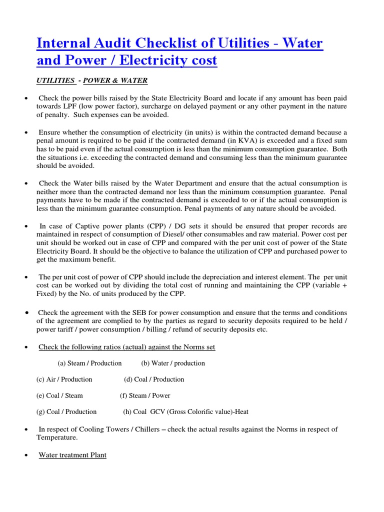 Utilities Audit Checklist: Power & Water | PDF