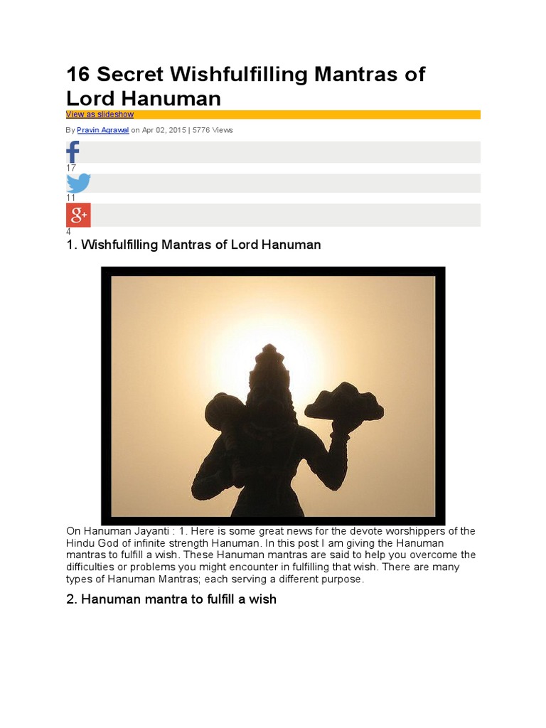16 Secret Wishfulfilling Mantras of Lord Hanuman | PDF | Mantra ...