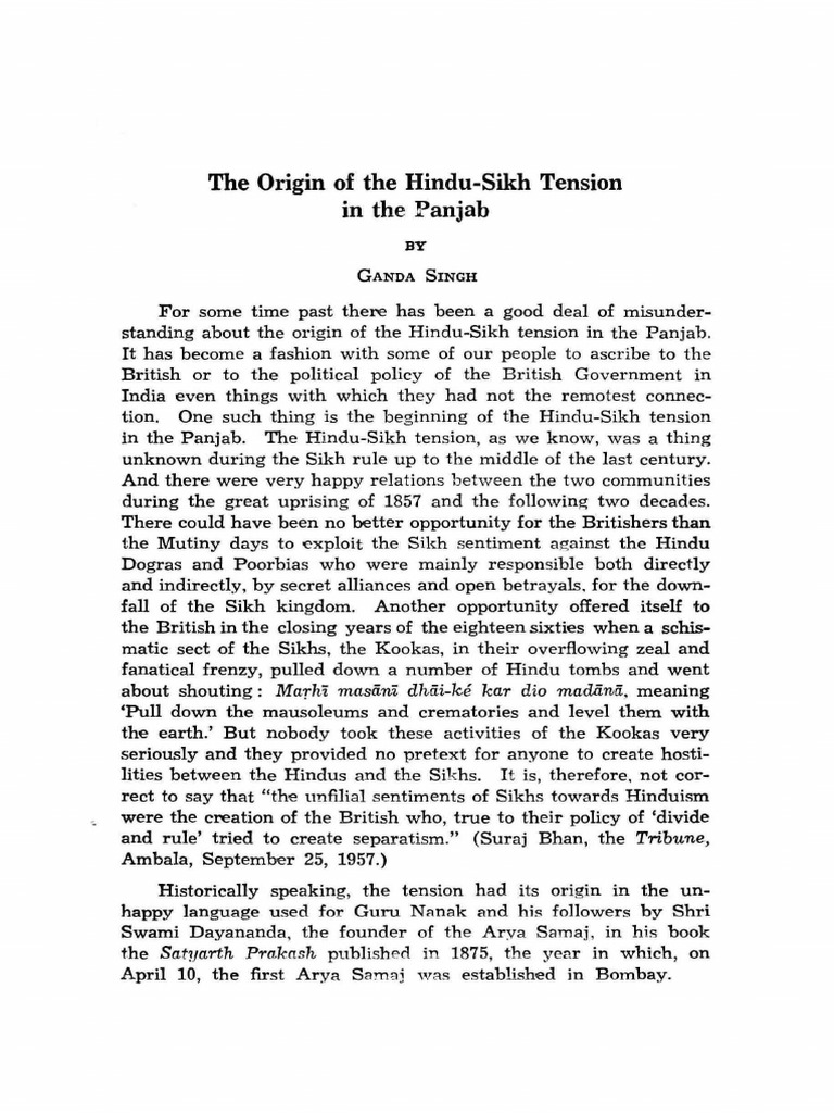 The Origin of The Hindu-Sikh Tension in The Punjab - Dr. Ganda Singh | PDF
