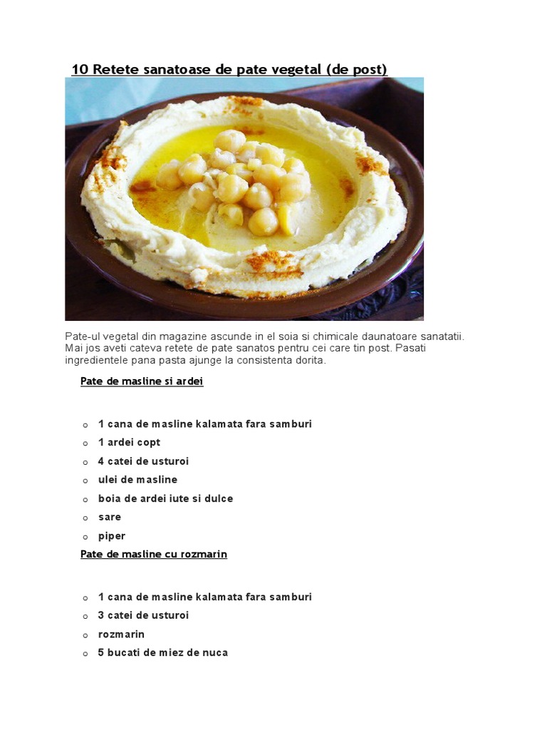10 Retete Sanatoase de Pate Vegetal (De Post) | PDF