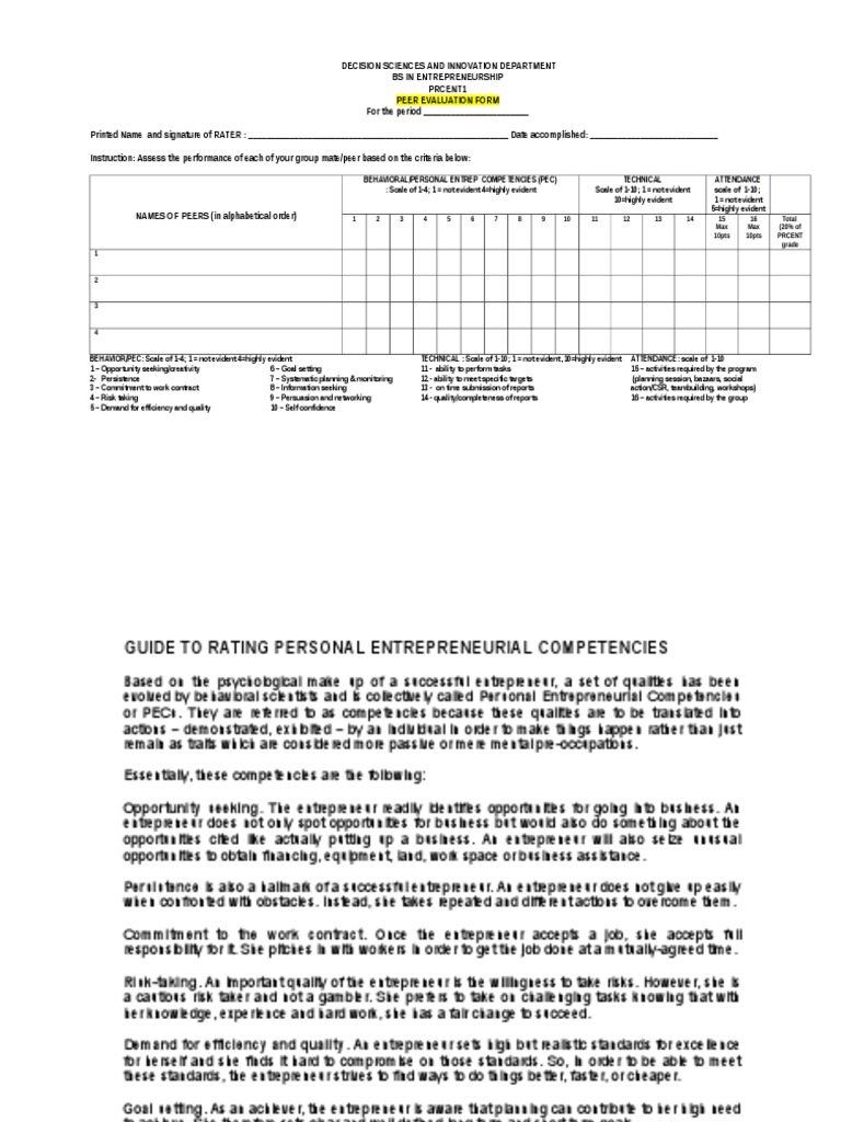 Self & Peer Evaluation Form | PDF | Entrepreneurship | Goal Setting