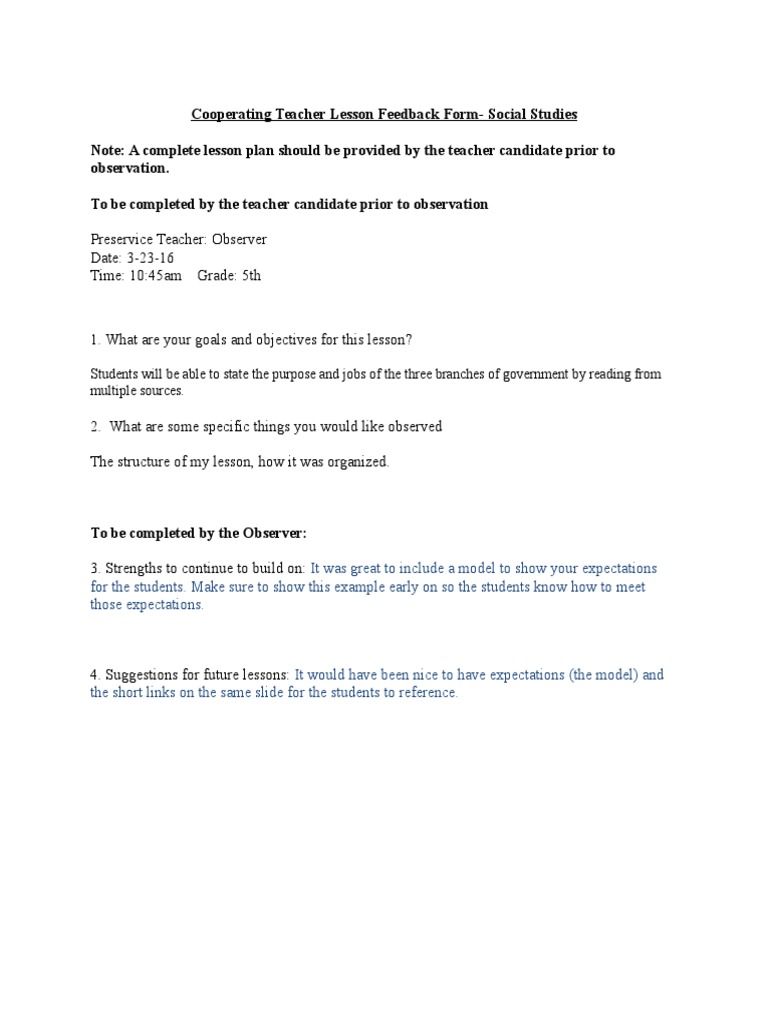 Cooperating Teacher Lesson Feedback Form Final | PDF